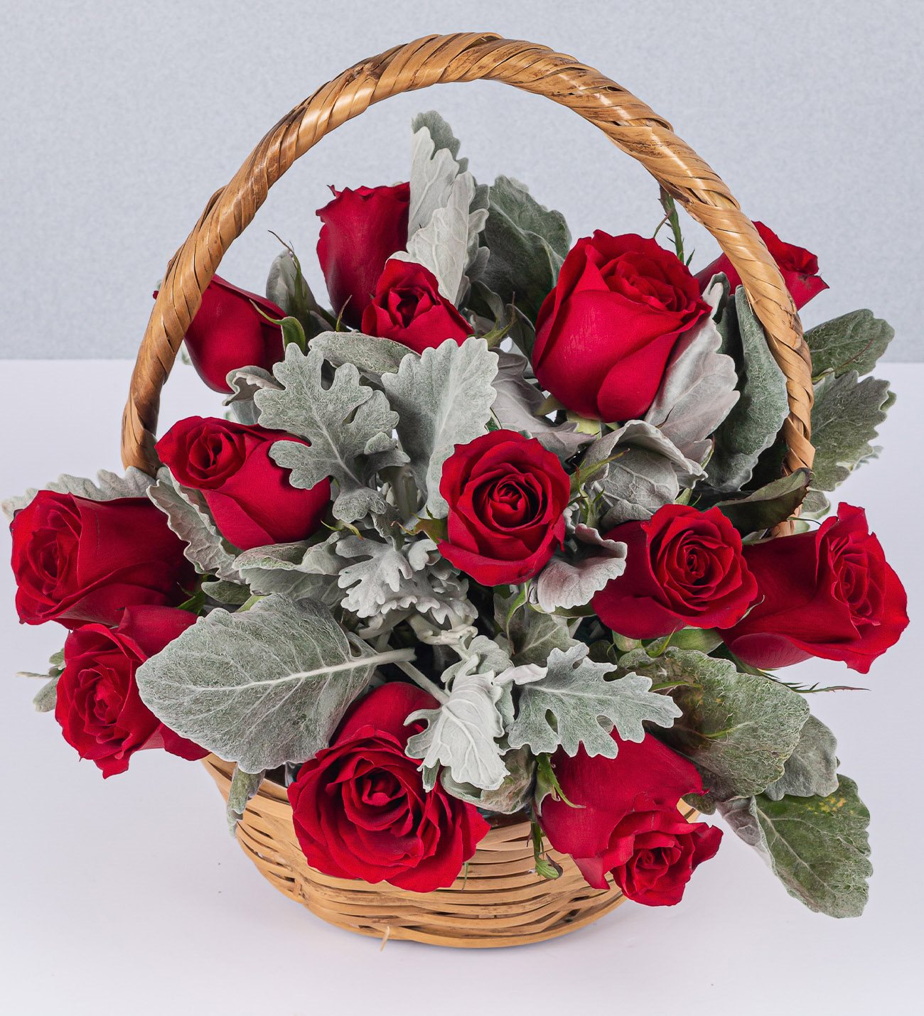 Red And White Roses Basket Bouquet