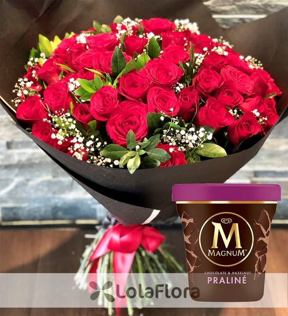 Bouquet de 60 Rosas rojas y Helado Magnum